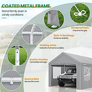 COBIZI Carports 10x20 Heavy Duty Car Canopy Garage with Roll-Up Ventilation Windows & Doors, Removable Sidewalls Portable Carport Canopy Waterproof with Built-in Sandbags for Cars, Boats, Trucks, Gray
