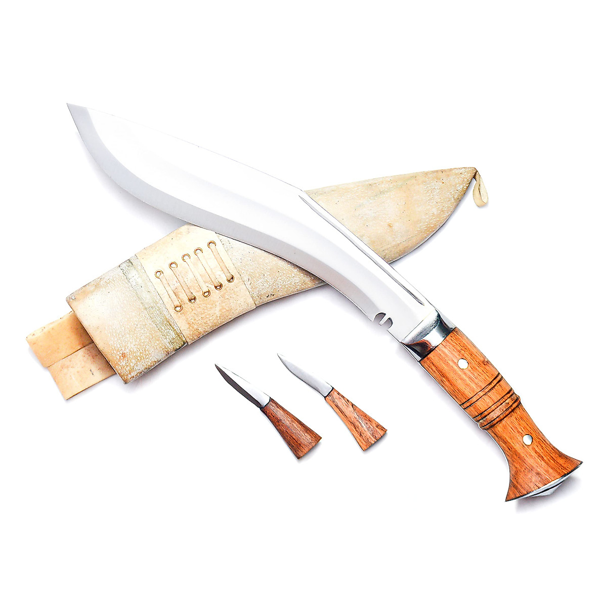 MASUM 10” Blade Operation Kukri, Panawal Full Tang Gurka Khukri, Double Fuller Sharp Blade Khukuri, Beige Leather Scabbard w/ 2 extra utility knives, Handmade in Nepal Khukri