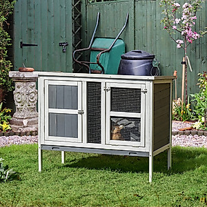 PawHut Rabbit Hutch Bunny Cage Small Animal Habitat with Ramp, Removable Tray and Openable Top, Inddor/Outdoor, Grey