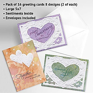 Deluxe Embossed Anniversary Card Value Pack - Set of 16 (8 designs), Large 5" x 7" Wedding Anniversary Cards with Sentiments Inside, White Envelopes