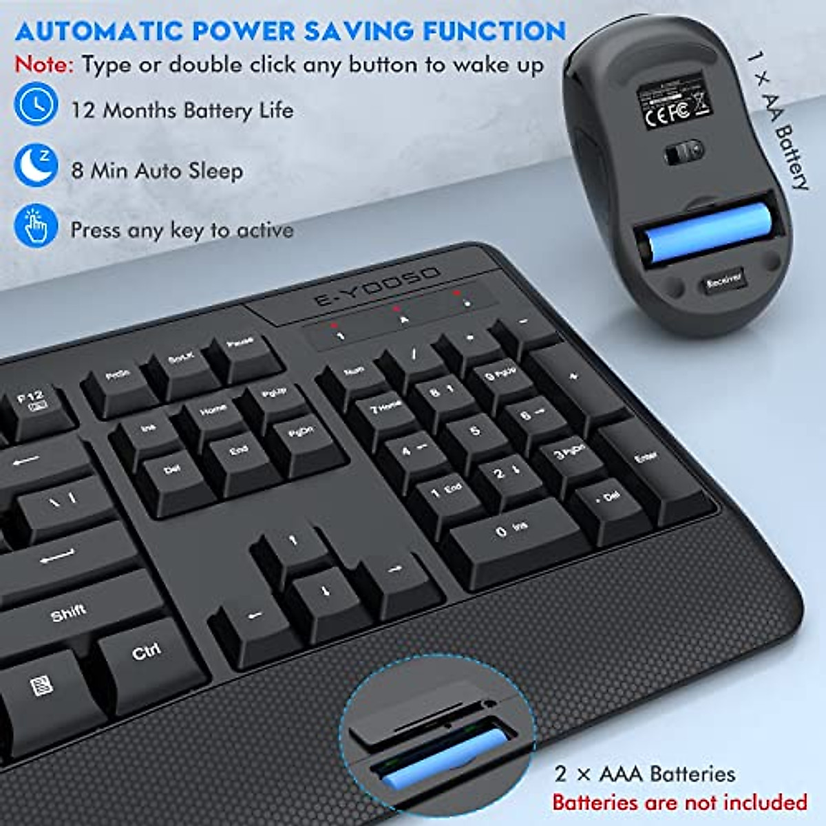 Wireless Keyboard and Mouse Combo, E-YOOSO 2.4GHz Full-Sized Ergonomic Wireless Keyboard with Wrist Rest, 3 DPI Adjustable and 6 Buttons Cordless USB Mouse for Computer, Laptop, PC, Windows (Black)