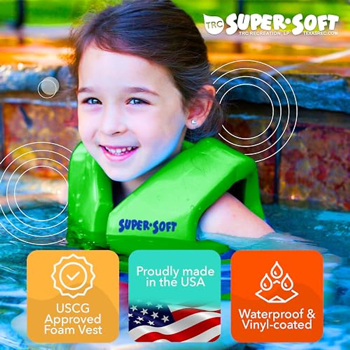 TRC Recreation Super Soft Child Size Small Life Jacket USCG Approved Vinyl Coated Foam Swim Vest for Kids Swimming Pool and Beach Gear, Fierce Green
