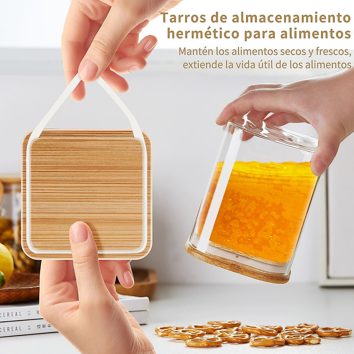 Unbreakable Overnight Oats Containers with Lids, Set of 5 Airtight Glass Jars with Bamboo Lids, Glass Food Storage Canisters for Cookie, Candy, Coffee Bean, Sugar, Spices, Dry Goods, Transparent