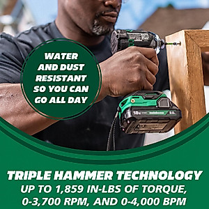 Metabo HPT 18V MultiVolt™ Cordless Triple Hammer BOLT Impact Driver Set, Power Impact Driver Kit with Case, 2 Lithium-Ion Batteries and Charger, 1/4-Inch Chuck, Compact LightWeight Power Tool, WH18DC