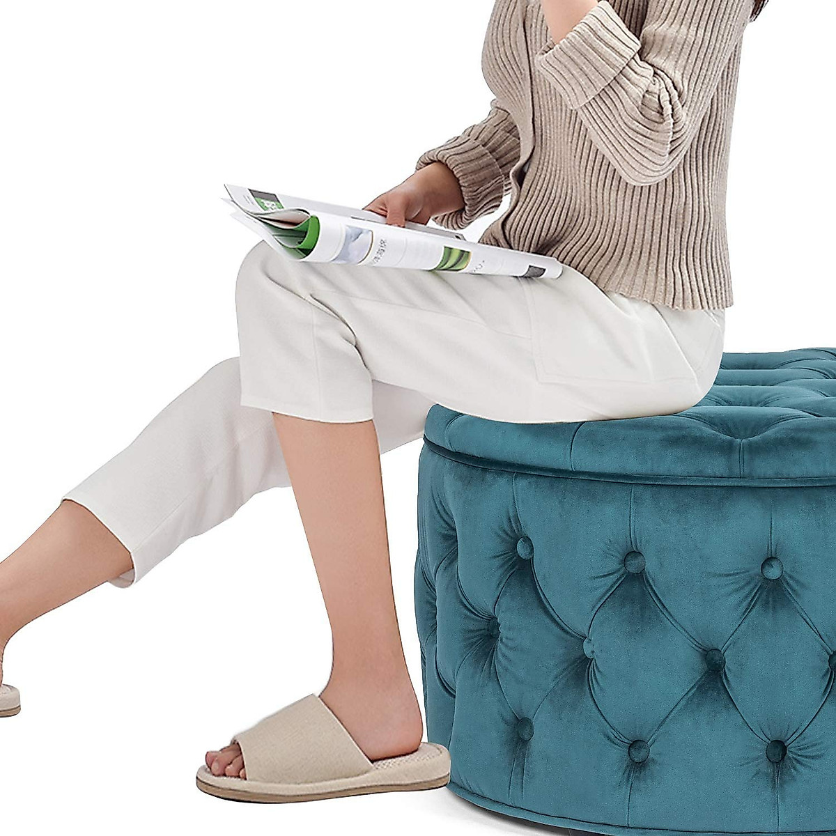 Homebeez 28 Inch Velvet Round Storage Ottoman, Button Tufted Footrest Stool Bench Coffee Table for Living Room(Dark Teal)