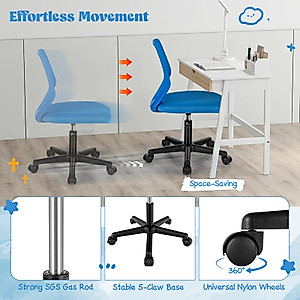 Giantex Kids Desk Chair, Armless Kids Computer Chair with Lumbar Support, Mesh Adjustable Swivel Study Chair with Wheels, Small Office Chair for Girls Boys Teen in Bedroom School (Blue)