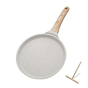 Bobikuke Nonstick Crepe Pan with Spreader, 8 Inch Flat Pan for Roti Indian Griddle Pan Dosa Pan, Tawa Dosa Tortilla Pan Induction Compatible - White