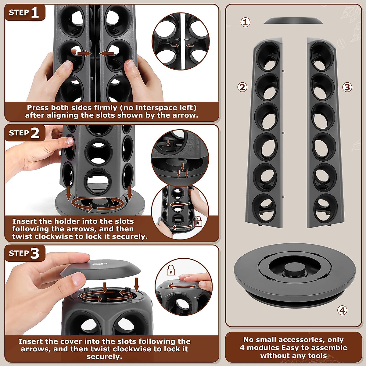 K Cup Holder Carousel-Coffee Pod Holder Organizer Compatible with 36 K-Cups Pods, for Home Kitchen Office Countertop or Coffee Station, Spins 360-Degrees, Detachable, Matte Gray