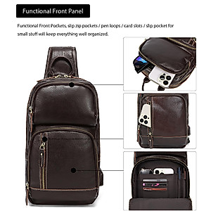 LANNSYNE Full Grain Leather Sling Bag For Men Crossbody Chest Daypack fits 10.5" iPad