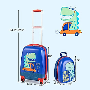 Olakids Kids Luggage Set, 12’’ Travel Backpack and 18’’ Carry on Suitcase with Rolling Spinner Wheels for Children Boys Girls, 2 Pcs Trolley Case Gift for Toddlers (Blue Dinosaur)