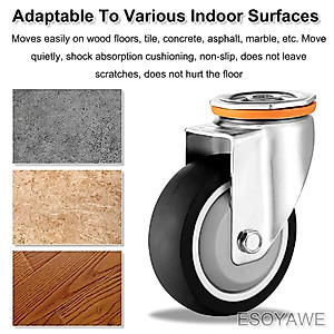 Heavy Duty TPE Rubber Swivel Caster Wheel 4 Pcs, Ø 3in 4in 5in Silent Furniture Replacement Casters, Suitable for M12 Type Bolts Top Hole Type Caster Wheels with Brakes