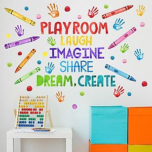 Mfault Playroom Wall Decals Stickers, Crayon Handprint Polka Dots Inspirational Quote Nursery Decorations Daycare Art, Laugh Imagine Share Dream Create Toddler Kids Room Bedroom School Classroom Decor