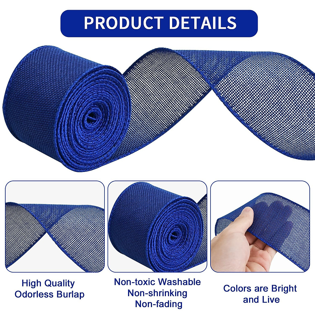 TONIFUL Burlap Wired Ribbon, 2.5 Inch Faux Burlap Ribbons, Royal Blue Burlap Ribbon for Christmas, Home Decor, Gift Wrapping, Tree Topper Bow, Wreath, Outdoor Decorations, DIY Crafts (10 Yards