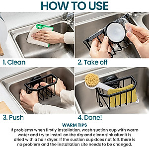 TAILI Sponge Holder with Strong Suction Cup, Dish Sponge Caddy Inside Sink Removable, Rustproof Aluminum for Sponges, Brushes, Stoppers and Scrapers - Black