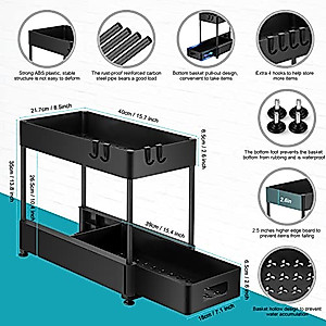Vutlue Under Sink Organizers and Storage, 2 Tier Stackable Under Sink Cabinet Organizer with Sliding Storage Drawer and 4 Hooks, Multi-Purpose Pull Out Under Sink Organizers for Bathroom, Kitchen