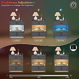 Vlsrka Nightstand with Charging Station, Night Stand with Drawers, LED Nightstands with 24 RGB Colors, Modern Side Table with USB Ports and Open Shelf, Bedside Table for Bedroom, Grey