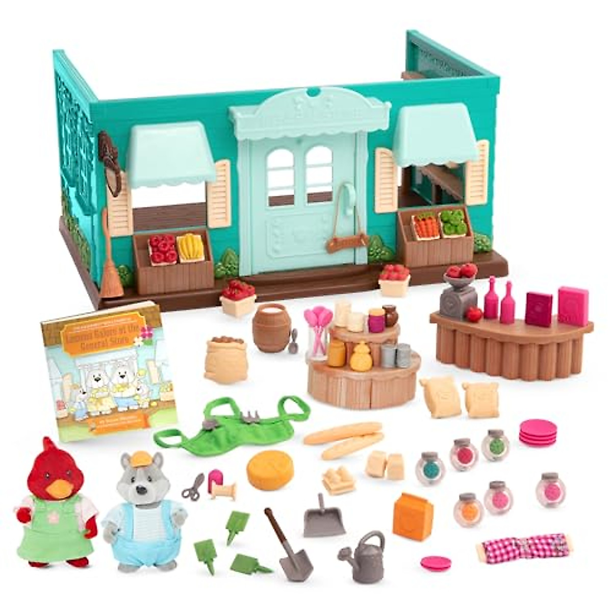 Li'l Woodzeez – General Store Dollhouse Playset 72Pcs – 2 Posable Doll Figures & 1 Storybook Included – Miniature Furnitures & Accessories – Stackable Playset for Kids 3+