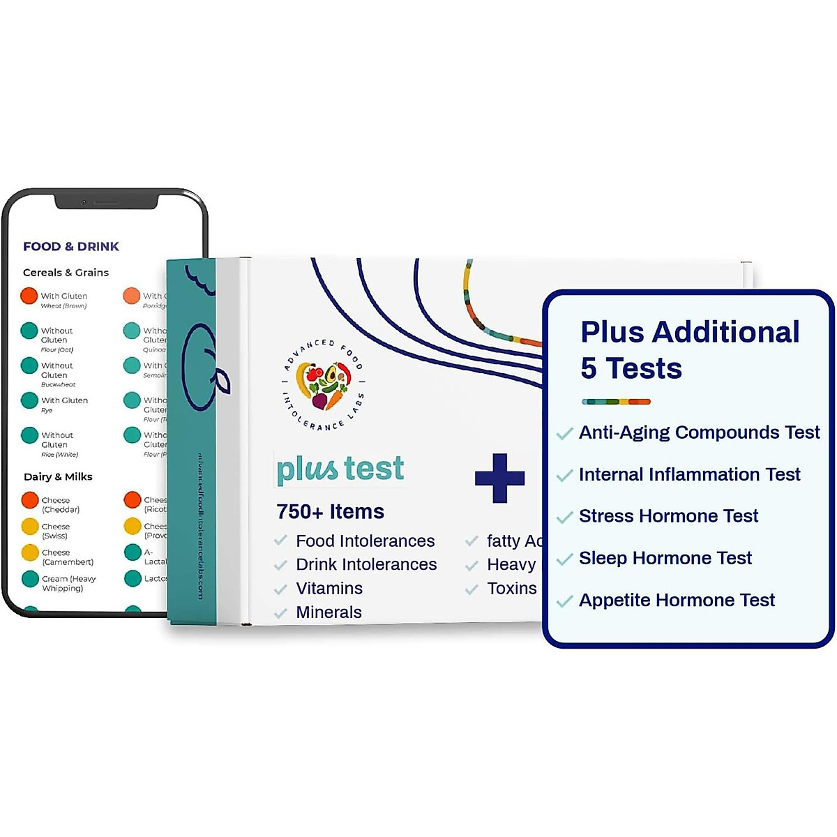 AFIL | Food & Drinks Sensitivity Testing Kit 750 + Items | 5 Additional Tests for Appetite Hormones, Anti-Aging Compounds, Internal Inflammation, Sleep Hormone & Stress Hormone