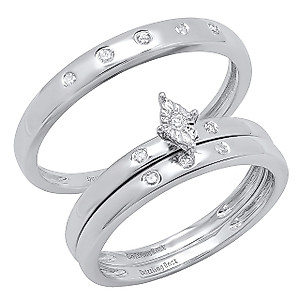 Dazzlingrock Collection 0.10 Carat (ctw) Round White Diamond Men & Women Wedding Rings Trio Bridal Set for Couple | 10K White Gold, Womens size 7 and Mens size 10