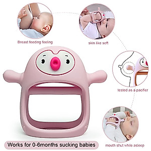 Smily Mia Penguin Buddy Never Drop Silicone Baby Teething Toy for 0-6month Infants, Baby Chew Toys for Sucking Needs, Hand Pacifier for Breast Feeding Babies, Car Seat Toy for New Born,Old Roze
