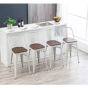 HAOBO Home Metal Bar Stools Modern Industrial Counter Height Stools Dining Chairs (24", High Back White Wooden Seat)[Set of 4]