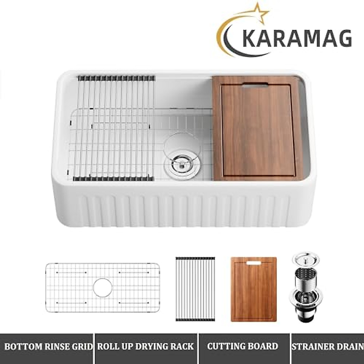 KARAMAG 33 Inch Workstation Farmhouse Kitchen Sink with Accessories, Reversible Apron-Front Single Bowl Kitchen Sink Ceramic White Farm Sinks Undermount For Kitchens