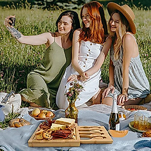 Yibidys Cheese Board Set, Charcuterie board Set, Bamboo Cheese Plate including Knife Sets, Cheese Tray with Slide-Out Drawer for Home and Gift