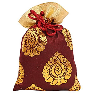 Touchstone Drawstring Bags Traditional Indian Handcrafted in Ficus Leaf Pattern Brocade Fabric. Perfect for Gifts Jewelry Weddings Sweet Distribution Set of 9 Vibrant Multicolor Pouches Purses Potli.