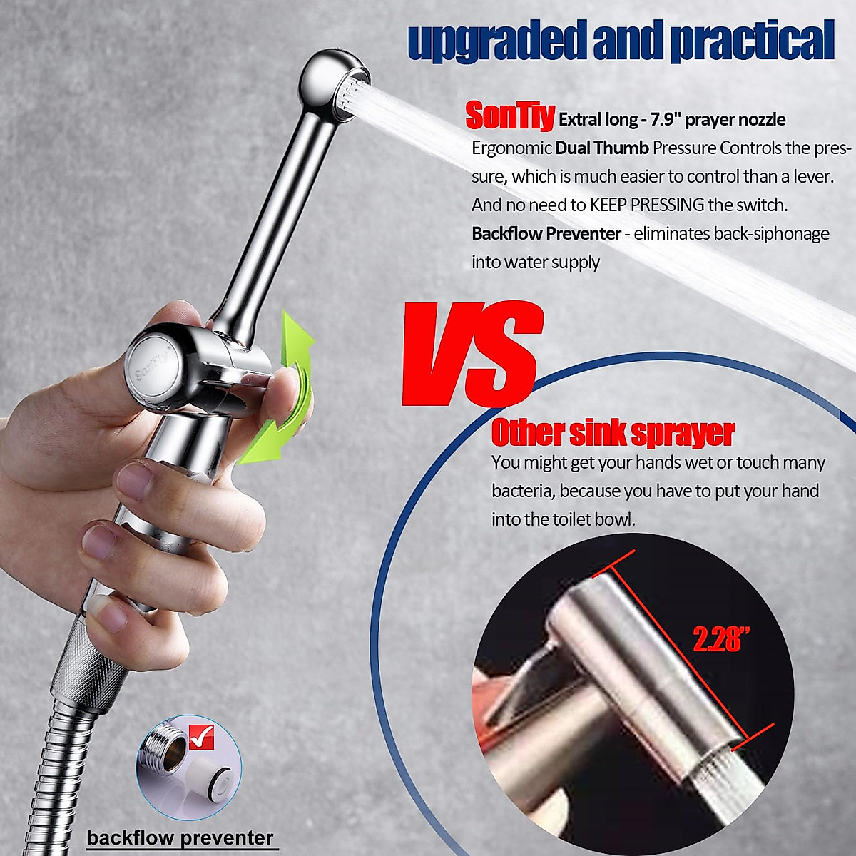 SonTiy Handheld Bidet Sprayer for Toilet, Hand Held Bidet Attachment, Adjustable Water Jet Spray for Toilet with Backflow Preventer, Brass 7.9" Bidet Wand, All Metal Cloth Diaper Toilet Sprayer