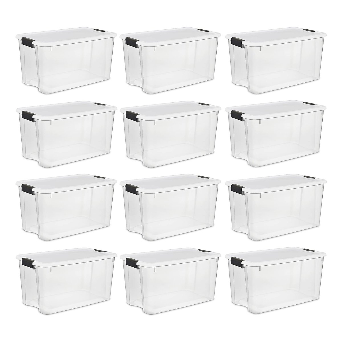 Sterilite 70 Qt Ultra Latch Box, Stackable Storage Bin with Lid, Plastic Container with Heavy Duty Latches to Organize, Clear and White Lid, 12-Pack