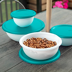 Sterilite 8-Piece Covered Bowl Set, 4 Plastic Bowls Ranging in Size w/ 4 Lids, Food Storage, Dishwasher and Microwave Safe, White and Teal lid, 6-Pack