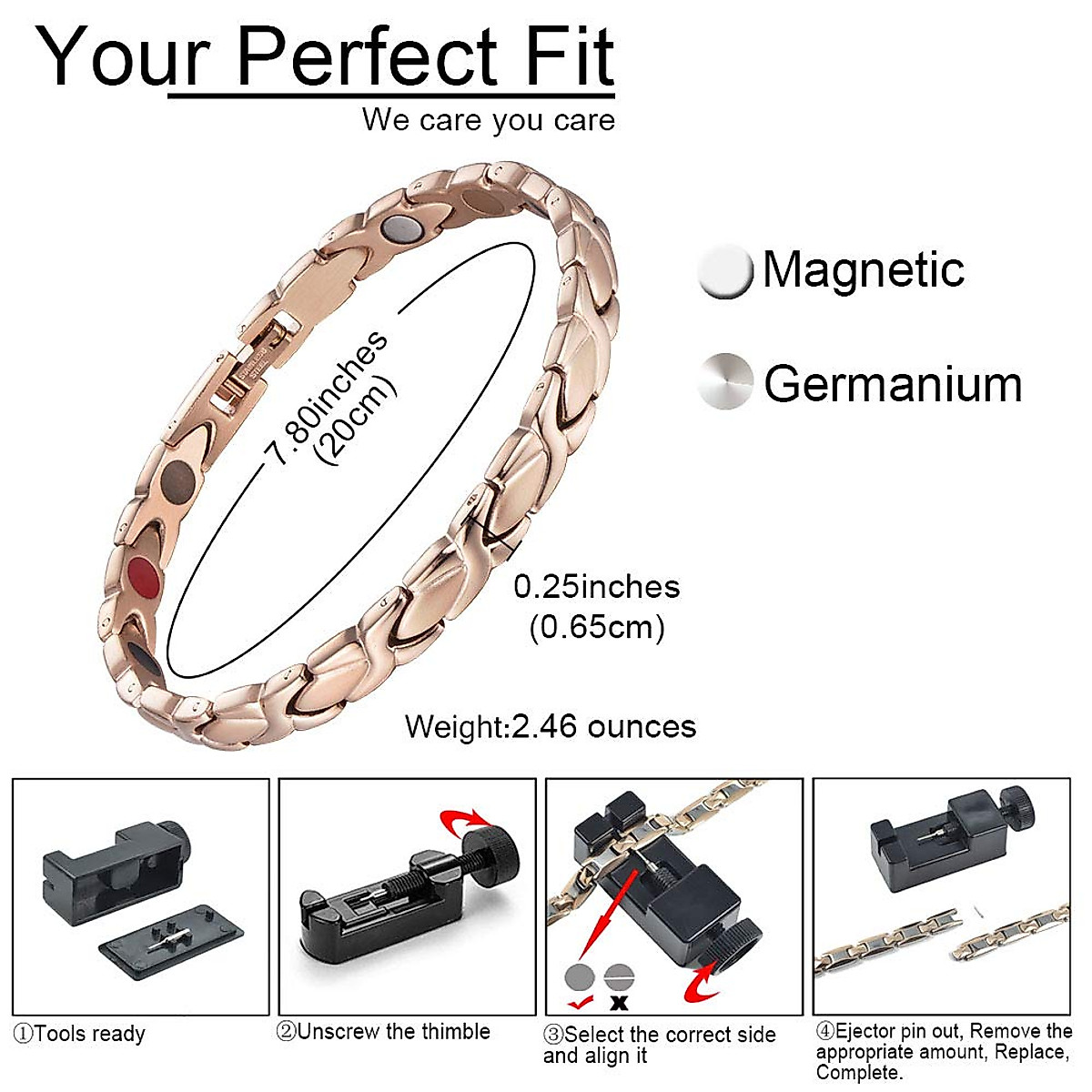 38 Elegant Titanium Magnetic Lymph Detox Bracelet for Women Germanium and Magnetic Functions with Free Link Removal Tool Christmas Gifts Mothers Day Gifts for Mon(Rose Gold)