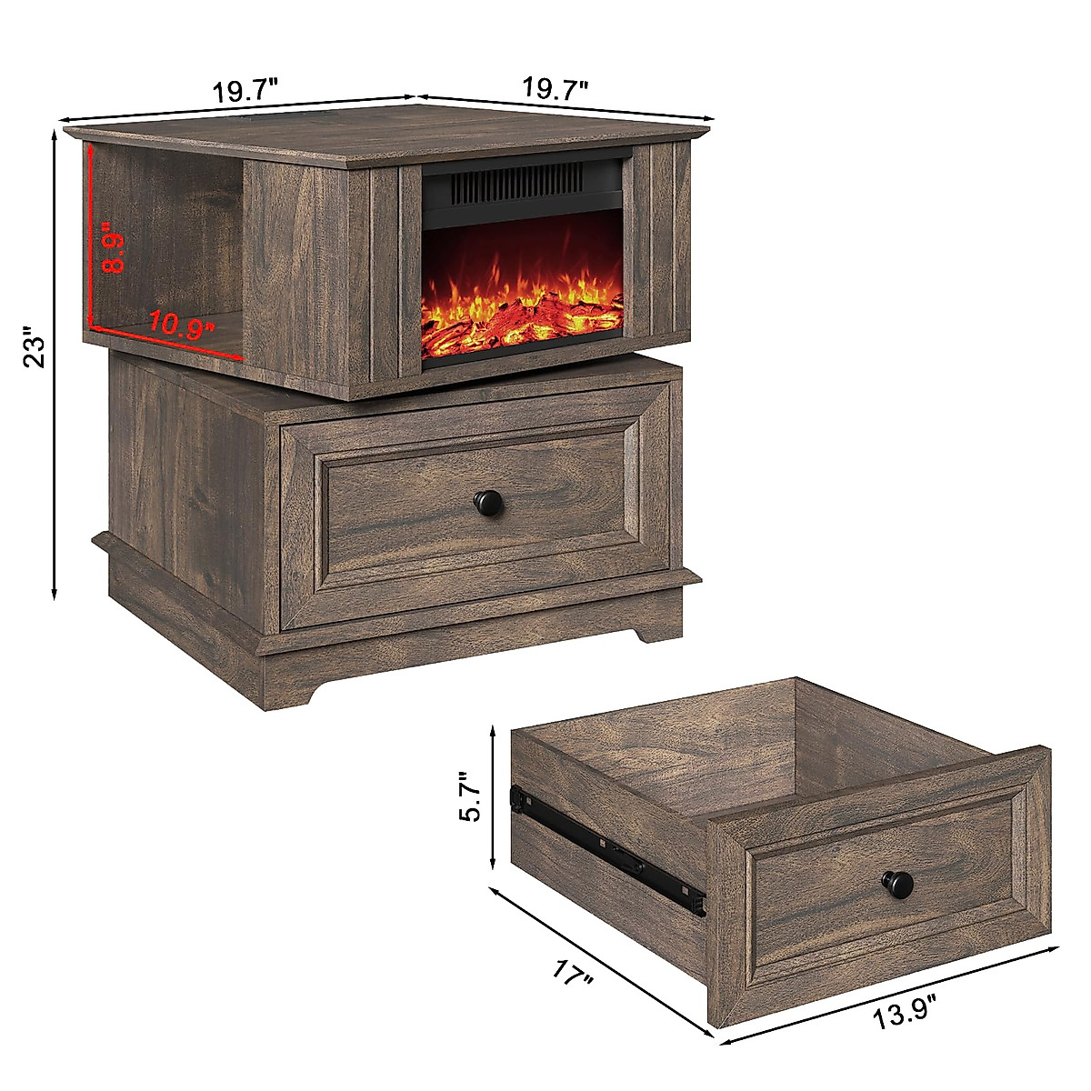 REDAYFUR Rotating End Table with 13" Electric Fireplace Screens, Side Table with Fast Charging Station, 1400W Fireplace End Table with Storage, Wooden Side Table for Living Room, Bedroom, Office