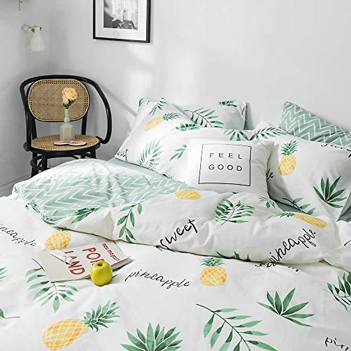 VClife Cotton Sage Green White Duvet Cover Reversible Boho Style Pineapple Herringbone Comforter Set Full Queen Size Bedding Set
