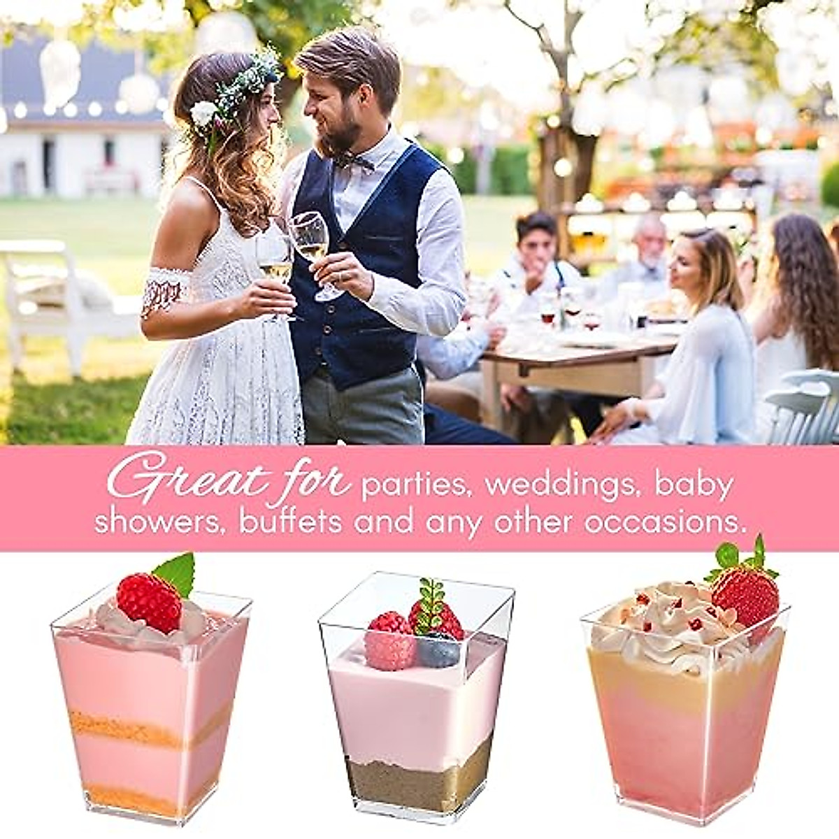 50 Pack 5 oz Square Dessert Cups with Spoons - Mini Parfait Cups, Appetizer Cups, Clear Plastic Party Dessert Cups for Serving Fruit Trifle Mousse and Pudding