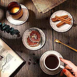 4 Pieces Wood Beaded Coasters 3.9 Inch Round Rustic Farmhouse Coasters Wooden Coasters for Drinks Decorative Table Top Coasters Wood Bar Coaster Set for Housewarming Home Kitchen (Beige)