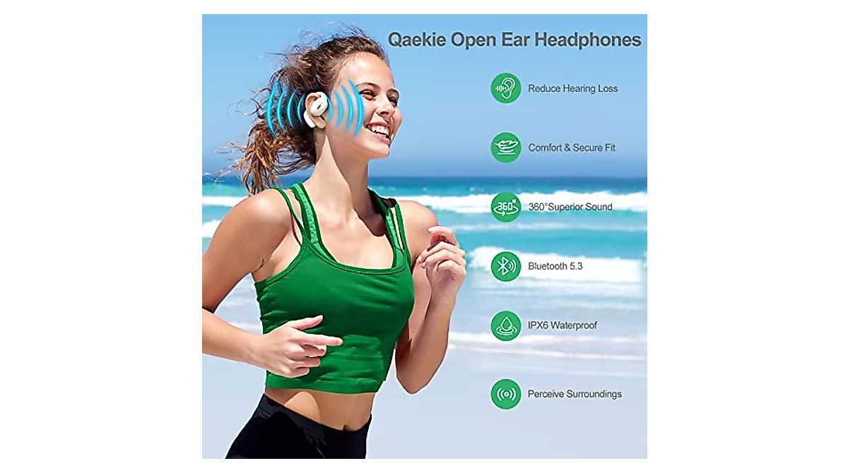 Qaekie Open Ear Headphones - 60H Playtime & Waterproof