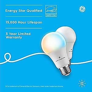 GE Lighting CYNC Smart Tunable White A19 LED Light Bulb, 60W Replacement, Bluetooth/Wi-Fi Enabled, Alexa + Google Home Compatible Without Hub, 2-Pack (Packaging May Vary)