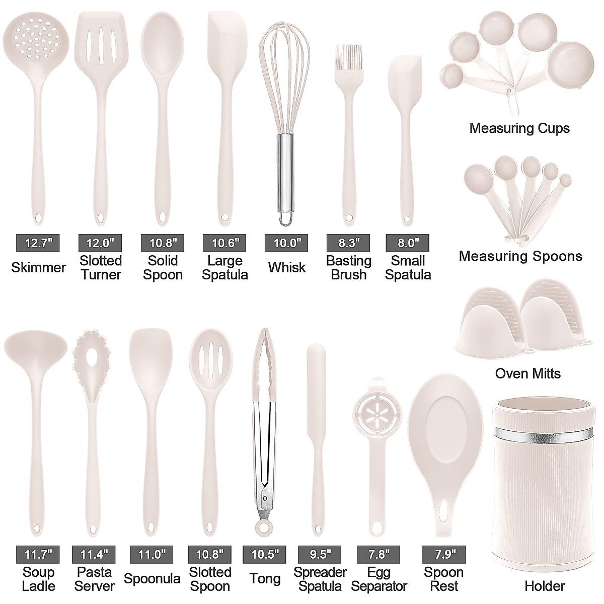 Silicone Cooking Utensils Set, 28PCS Kitchen Utensils Set with Holder, AIKWI Heat-Resistant & Non-stick Silicone Spatula, Tongs,Spoon for Cooking, BPA Free Kitchen Tools Gift (Khaki)