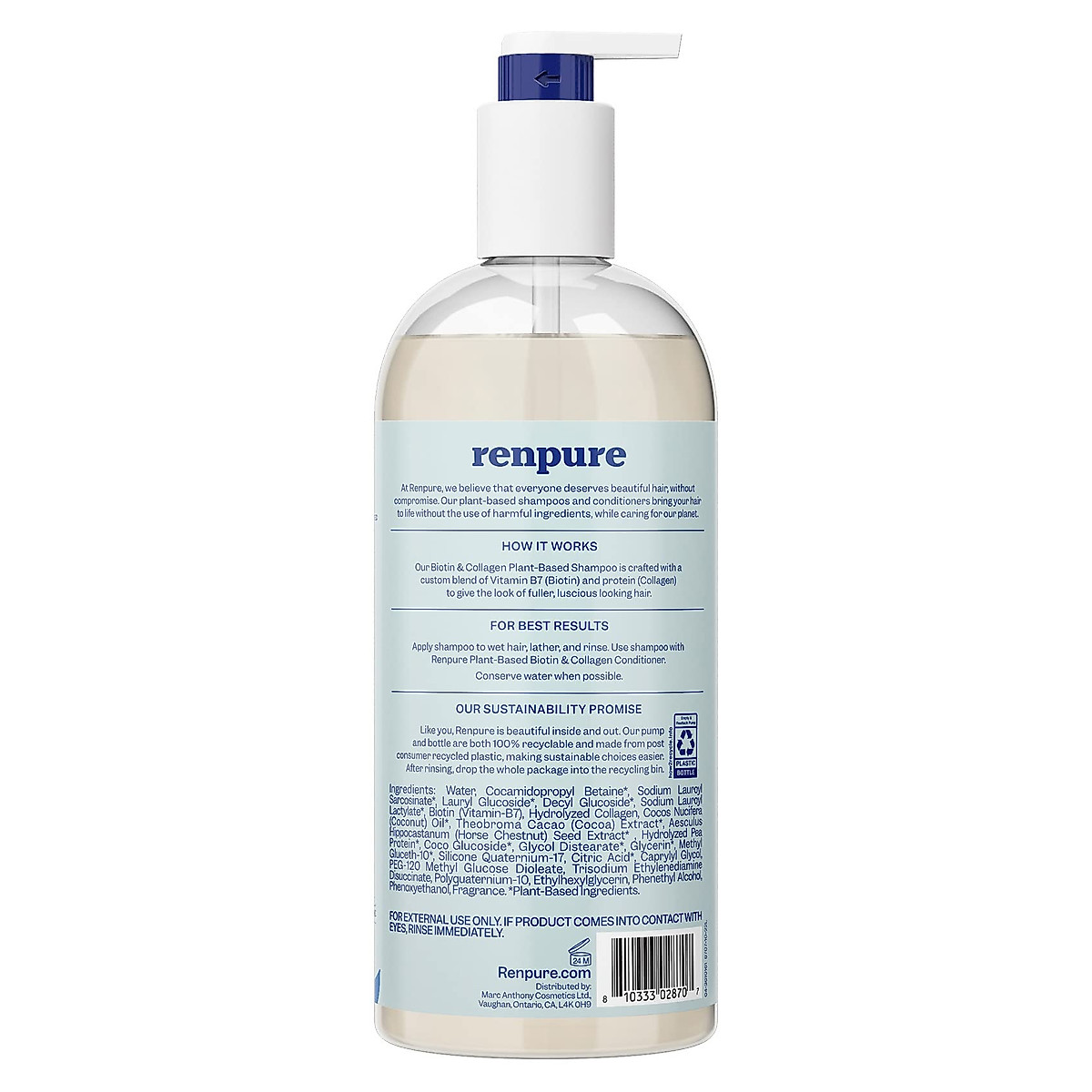 Renpure Plant Based Biotin and Collagen Thickening Volume Shampoo - Leaves Hair Looking Luscious - Rids Hair of Grime - Gentle Formula - Paraben Free - Recyclable, Pump Bottle Design - 24 fl oz