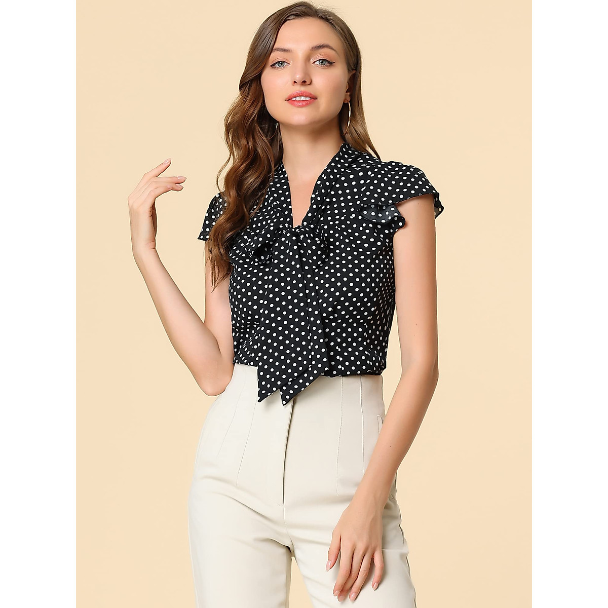 Allegra K Women's Polka Dots Tie Neck Blouse Summer Ruffled Cap Sleeve Office Top Medium Black