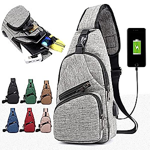 ULemeili Sling Backpack with USB Charging Port, Men Women Chest Crossbody Shoulder Bag Biking Hiking Cycling (Grey, One Size)