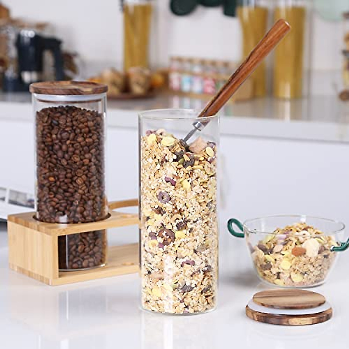 KKC HOME ACCENTS Airtight Glass Coffee Sugar Storage Containers with Wooden Lids and Scoops,Air Tight Sealed Glass Canisters with Spoons for Coffee,Loose Tea,Flour,Sugar,Grains,Oatmeal,47 Fl oz