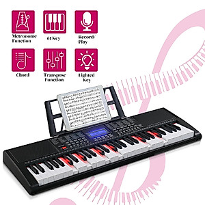 GLARRY 61-Key Portable Electronic Piano Keyboard for Beginner w/Lighted Keys, LCD Screen, Microphone, Headphones, 3 Teaching Modes, Built-In Speakers