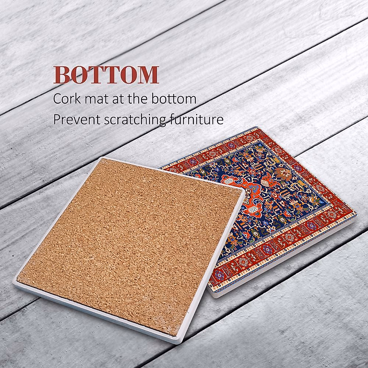 Bribay Coasters for Drinks Set of 6, Tribal Turkish Geometric Pattern Absorbent Square Ceramic Stone Mat, with Cork Base and Metal Holder, Gift for Housewarming Room Bar Decor