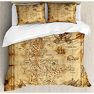 Ambesonne Island Map Duvet Cover Set, Super Detailed Treasure Map Grungy Rustic Pirates Gold Secret Sea History Theme, Decorative 3 Piece Bedding Set with 2 Pillow Shams, Queen Size, Beige Brown