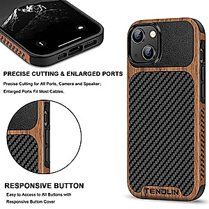 TENDLIN Compatible with iPhone 14 Plus Case Wood Grain with Carbon Fiber Texture Design Leather Hybrid Slim Case Black