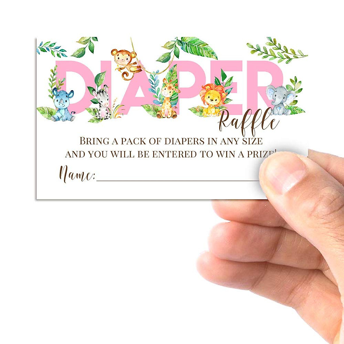 Watercolor Jungle Animals Diaper Raffle Tickets for Girl Baby Showers, 20 2" X 3” Double Sided Insert Cards for Games by AmandaCreation, Bring a Pack of Diapers to Win Favors & Prizes!