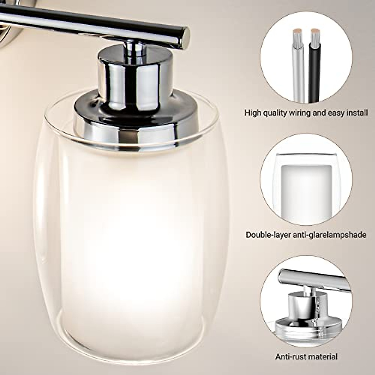 CT CAPETRONIX 3-Light Bathroom Light Fixture, 19 Inches Chrome Vanity Lights, with Double Layer Anti-Glare Lamp Shade, Modern Wall Sconce Lighting for Bathroom, Mirror, Bedroom, Living Room, Hallway