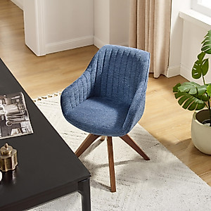 Art Leon Desk Chair - Mid Century Modern Office Chair No Wheels, Swivel Accent Chair with Oak Wood Legs, Fabric Upholstered Arm Chair, Blue